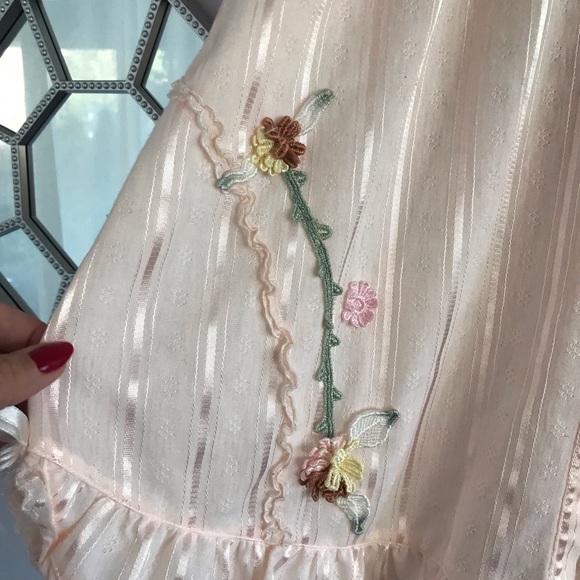 Vintage | Tops | Vintage Pale Pink Blouse Embroidered Ribbon Ruffle ...
